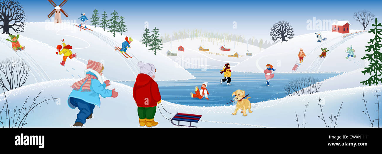 Children having fun sledding ice skating and skiing in the winter on ...