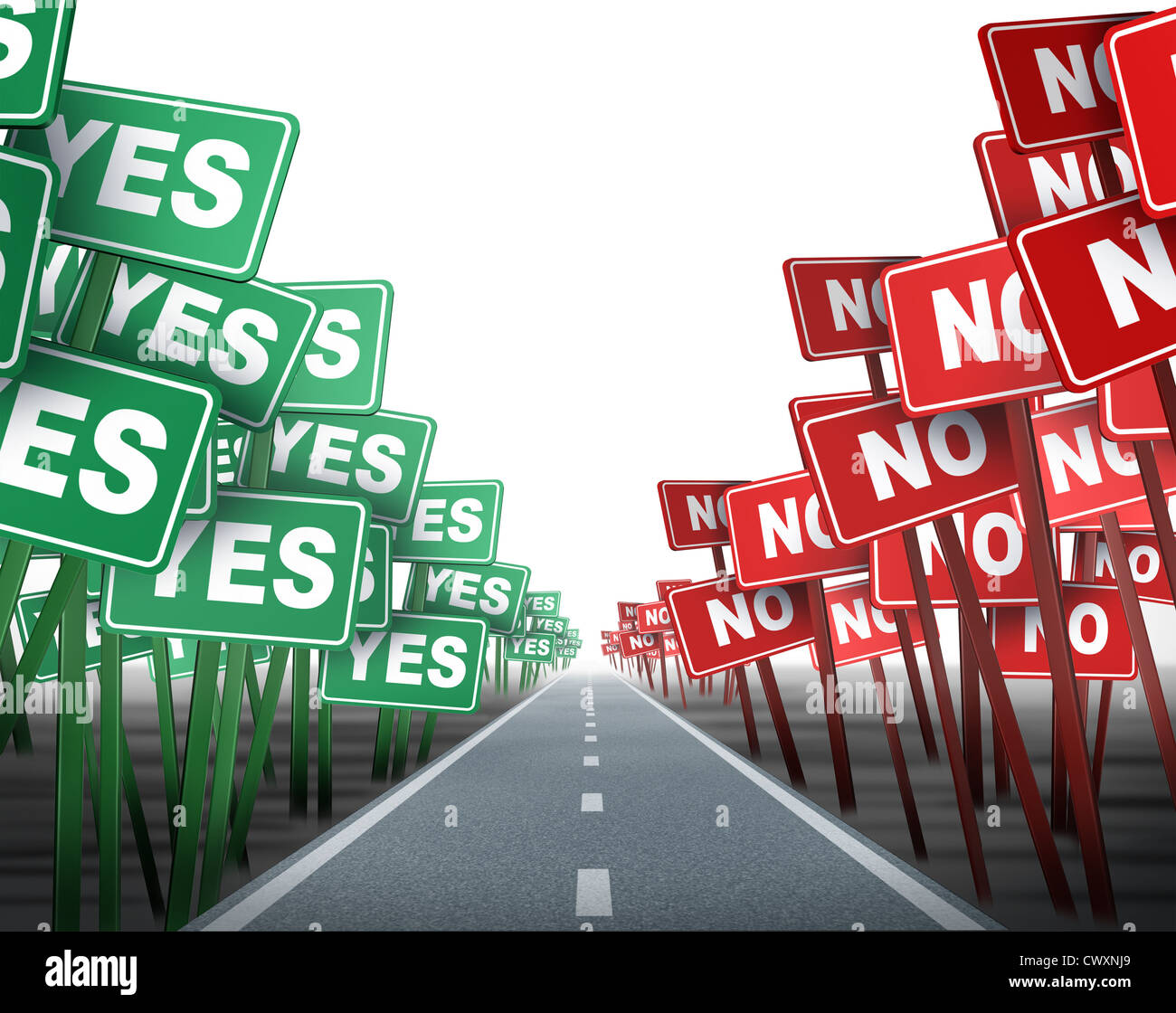Middle of the road with conflicting opposing signs as green yes and red ...