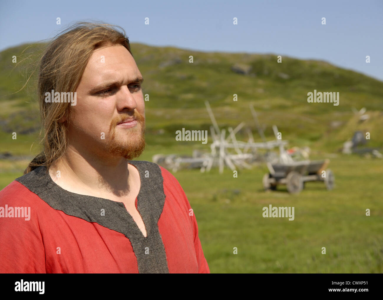 Man in Viking costume at the Norstead Viking Village in Newfoundland ...