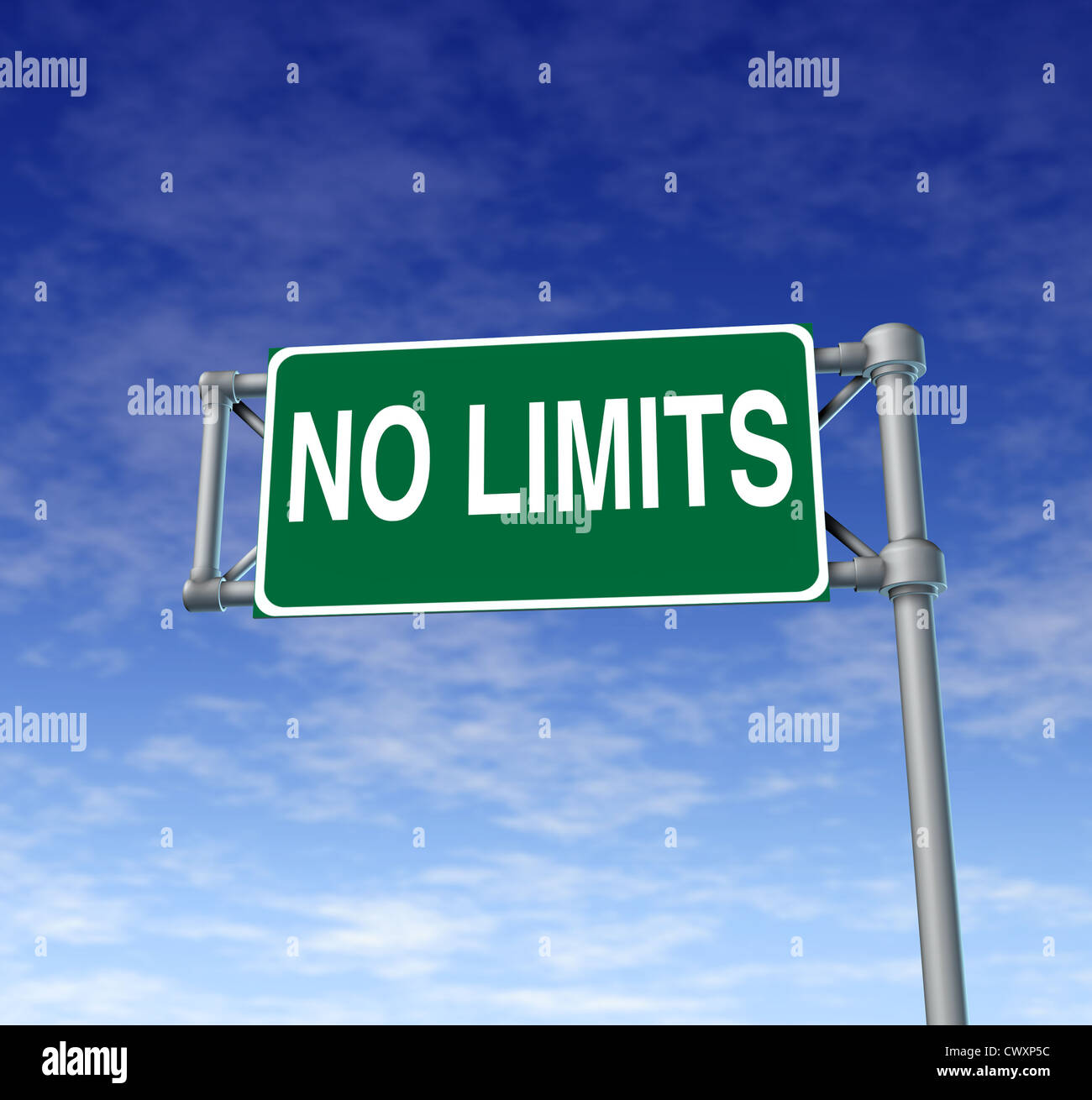Positive attitude represented by a green outdoor no limits highway sign ...