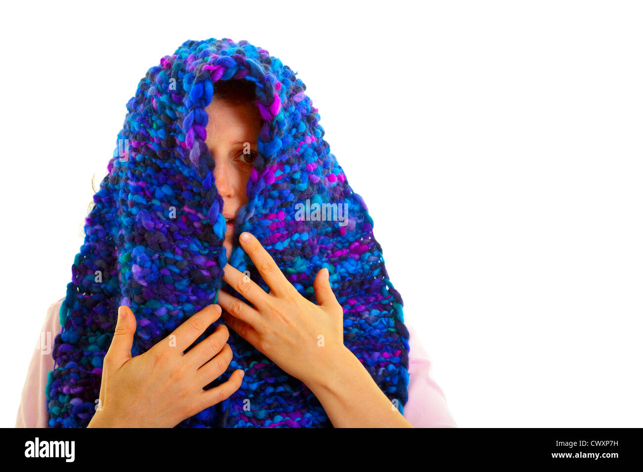 Young brown-haired woman with wool scarf isolated on white background ...
