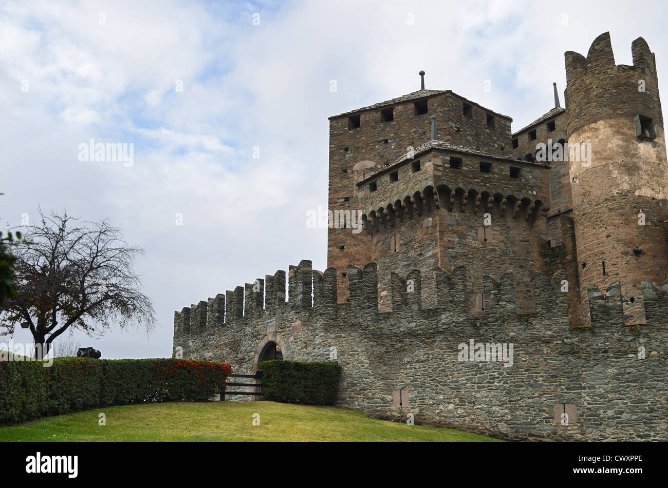 Fenis Castle in northern Italy near Aosta. A medieval fort among the ...