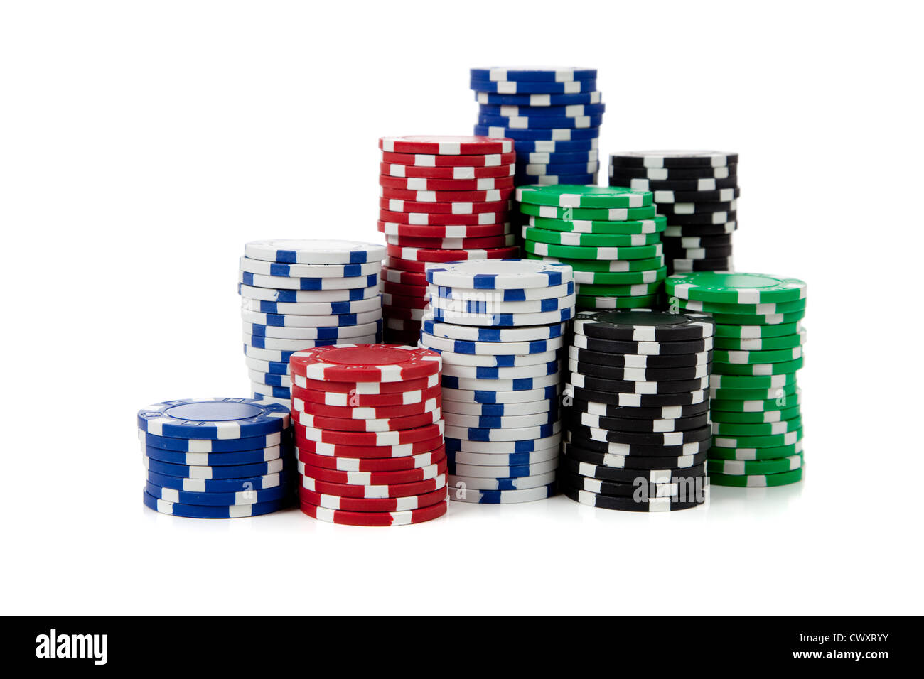 Stacks of various colored pokers chips on a white background Stock ...