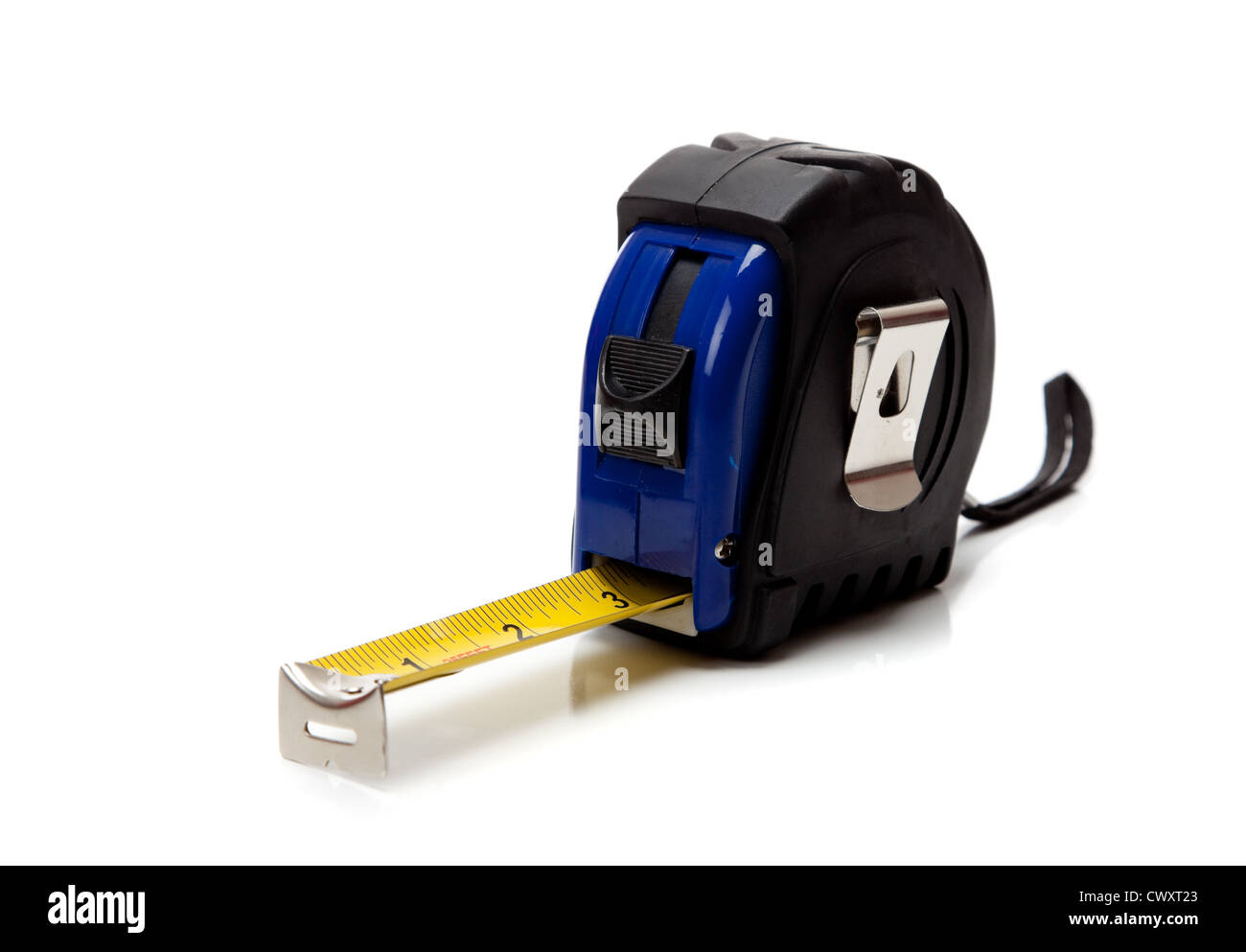 A blue tape measure on a white background Stock Photo - Alamy