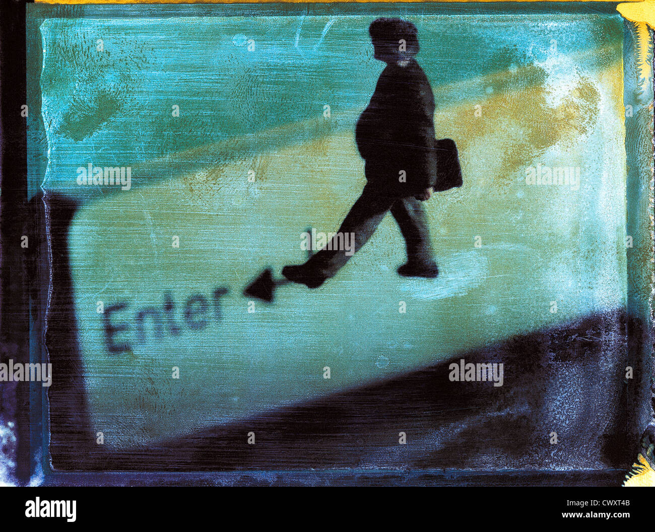 Business man walk across computer keyboard enter key. Photo ...