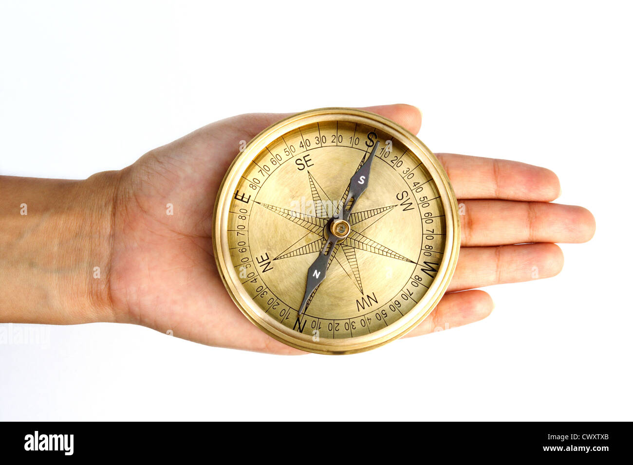 Old Navigational compass in the hands Stock Photo - Alamy