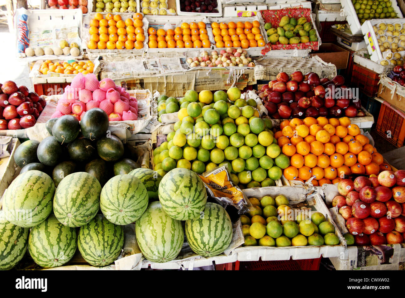 Various types of fruits arranged in a farm market Stock Photo - Alamy