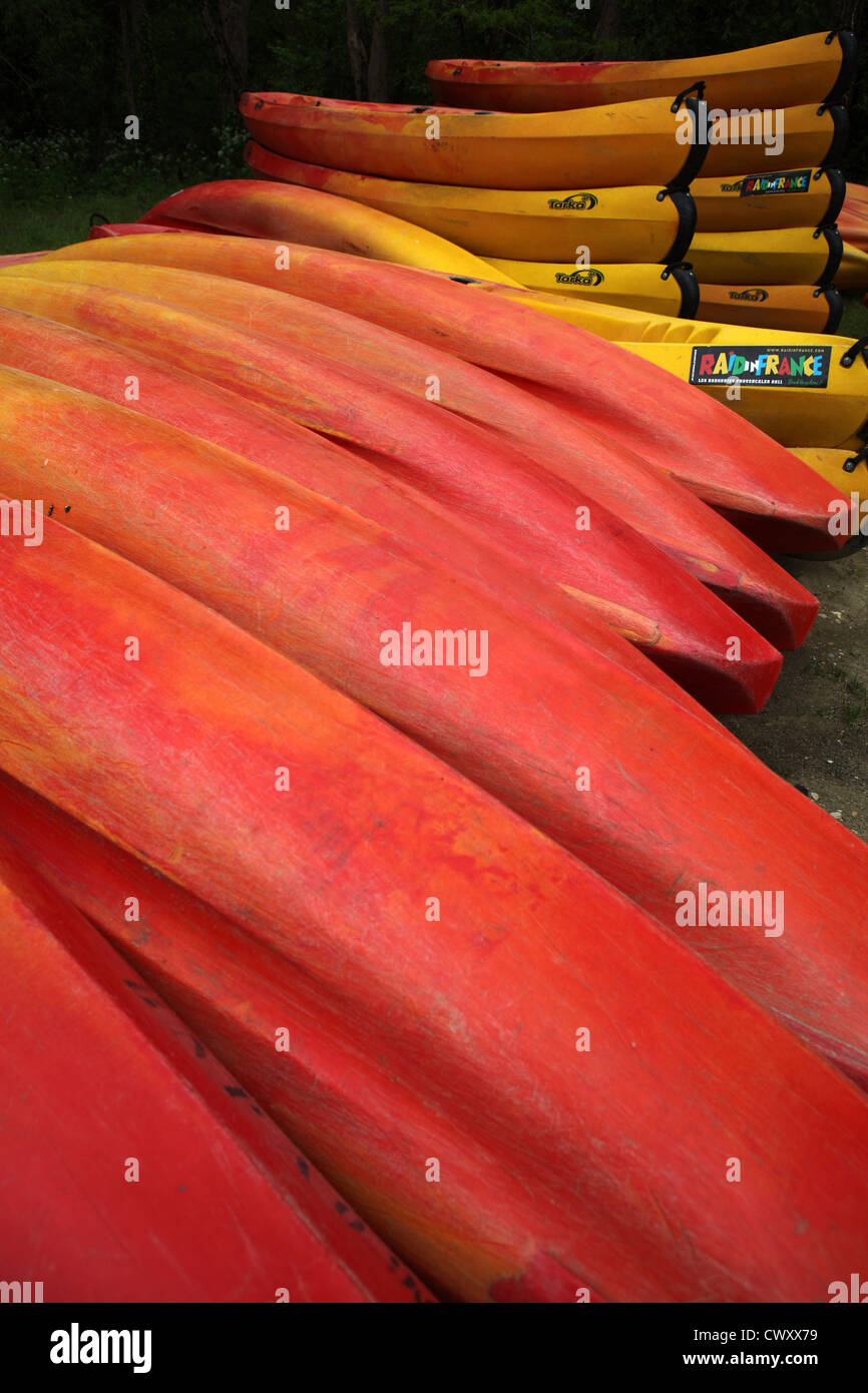 Stack of kayaks near the Ardeche river - Ardeche - France Stock Photo ...
