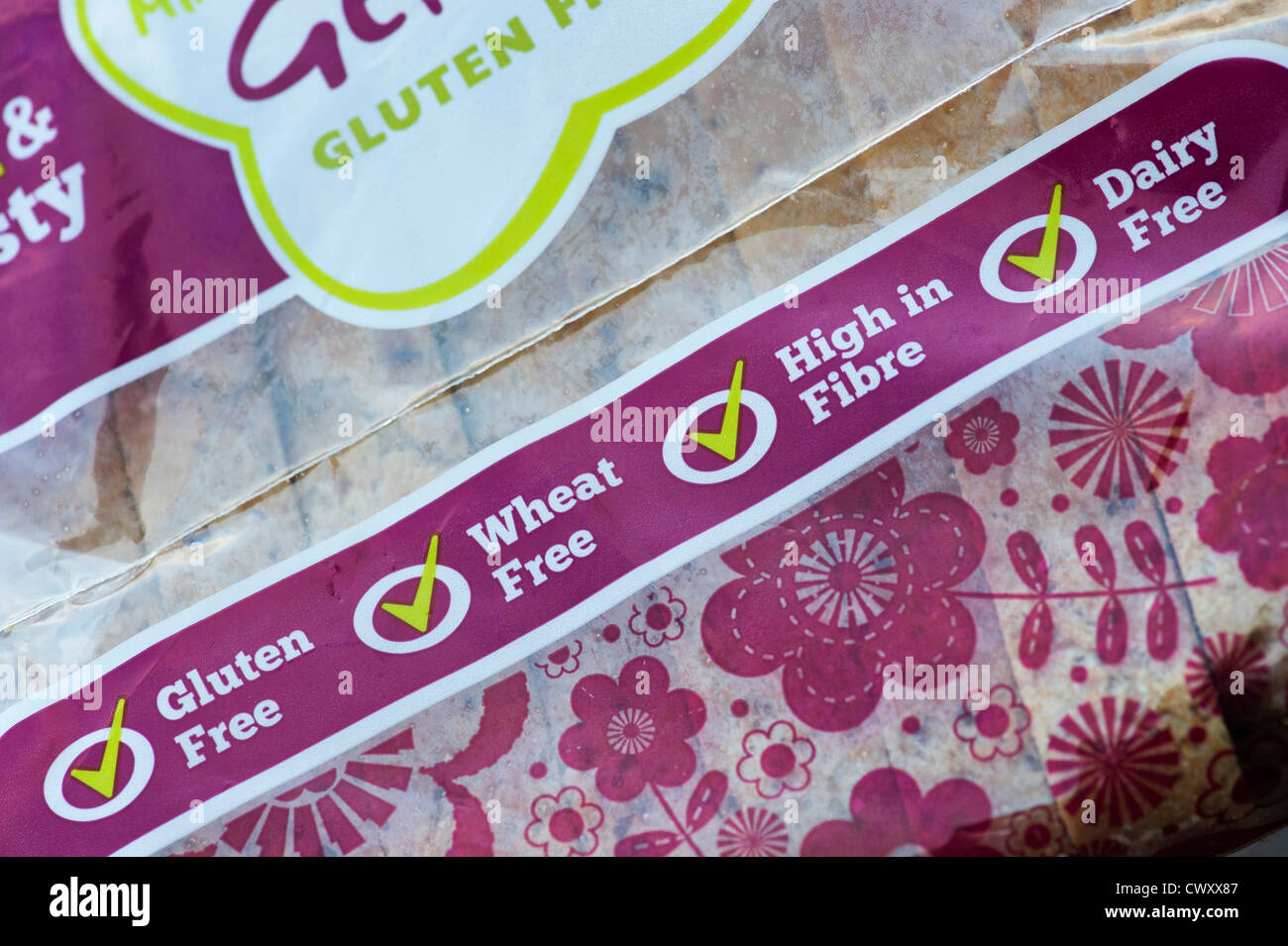 Wheat free, Gluten free, Dairy free bread packet labeling Stock Photo ...