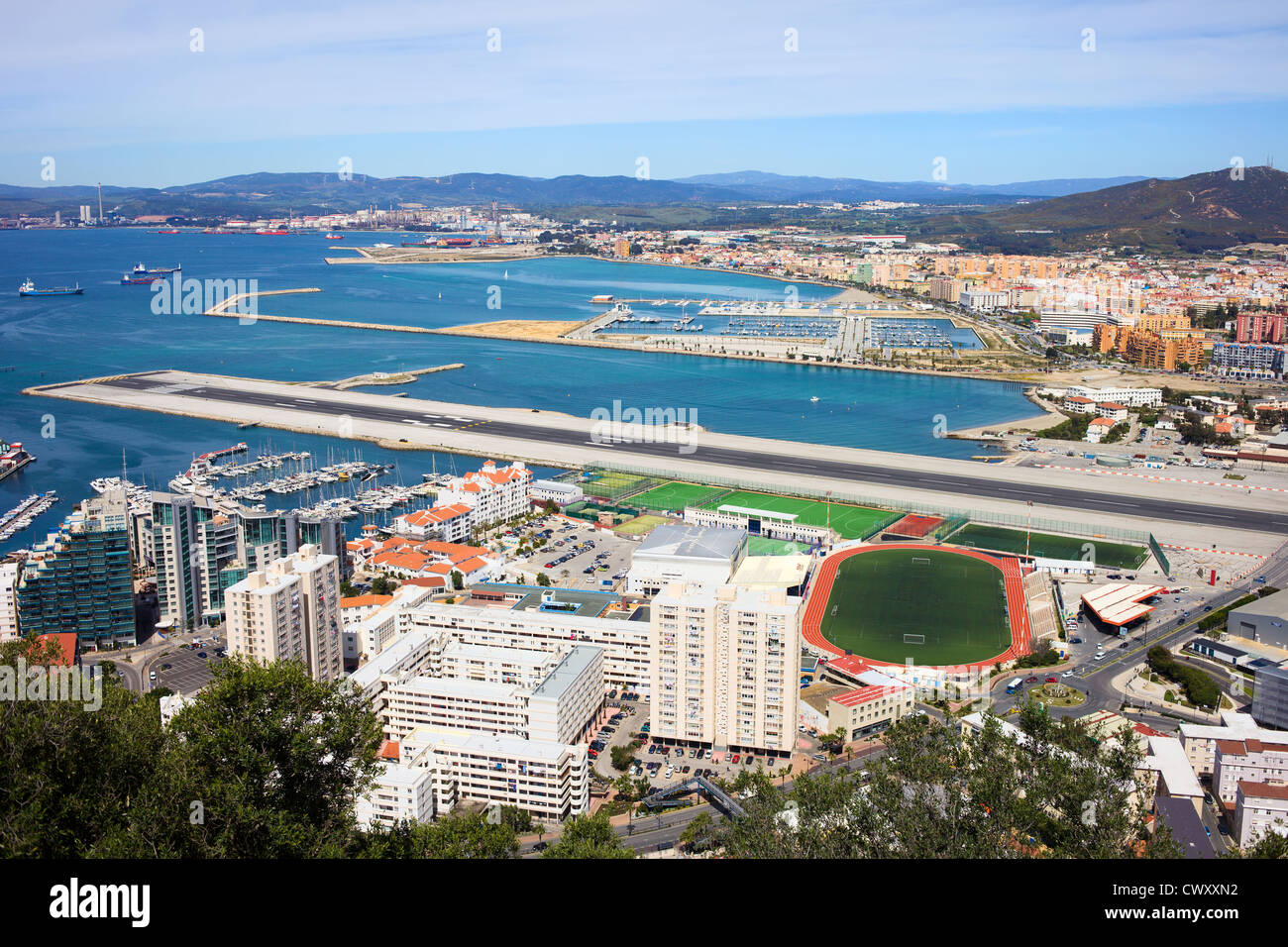 Gibraltar city and airport runway and La Linea de la Concepcion in ...