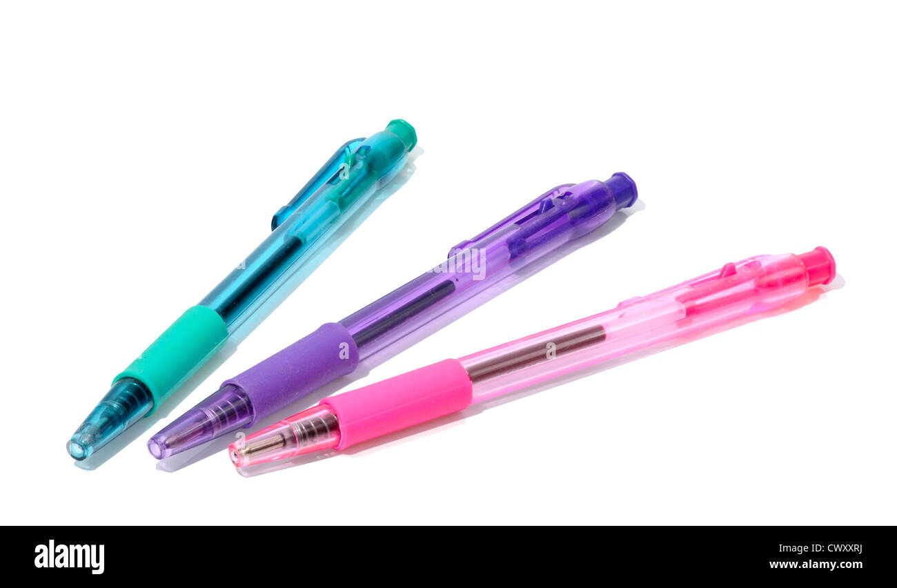 A set of transparent colored pens on a white background, isolated Stock ...