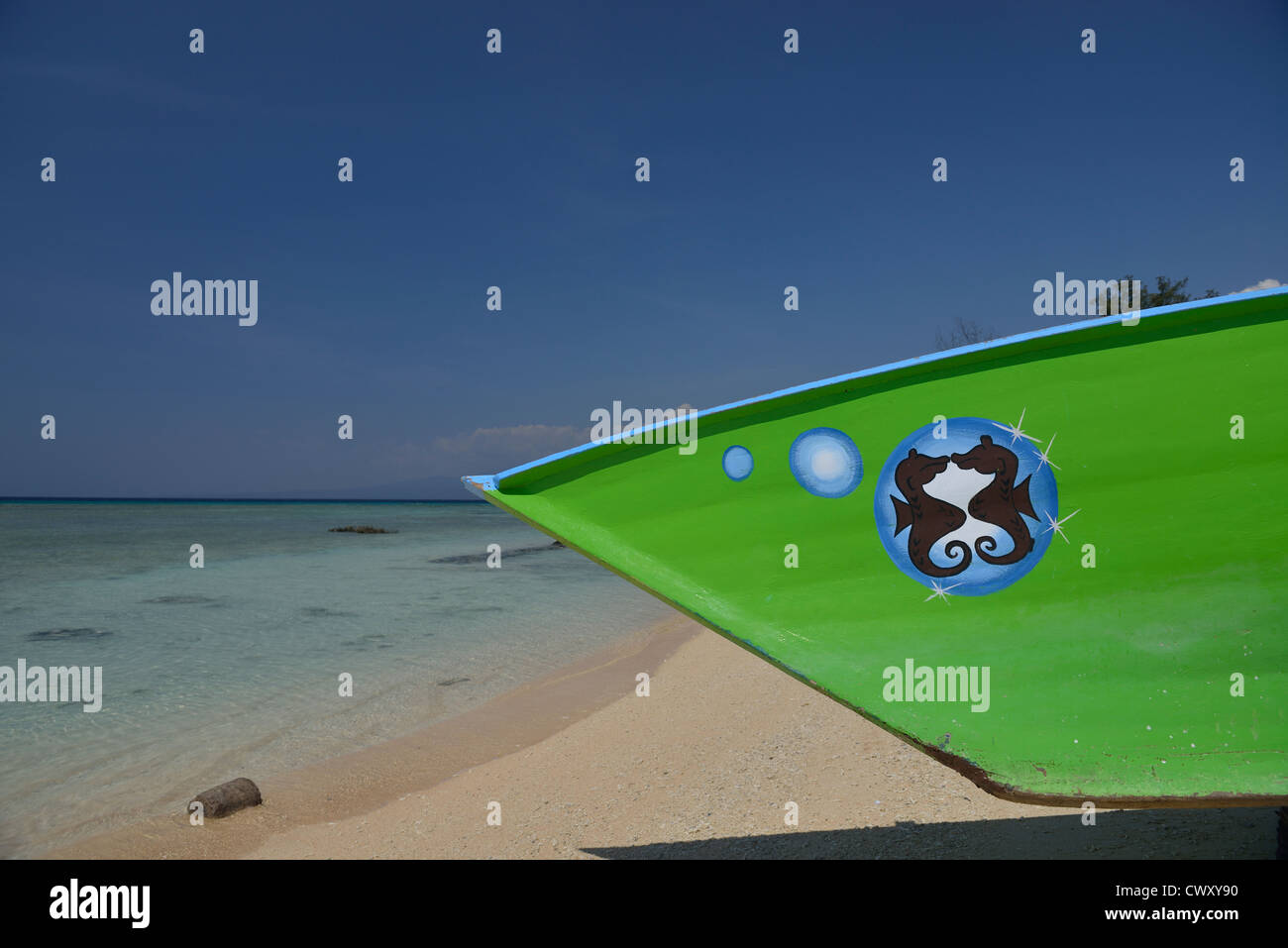 A traditional indonesian boat in the beach at Gili Trawangan; NTB ...