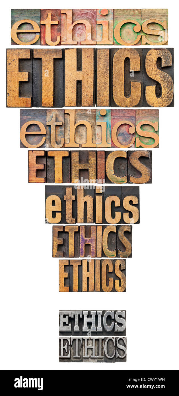 ethics word abstract in a form of exclamation point - a collage of ...