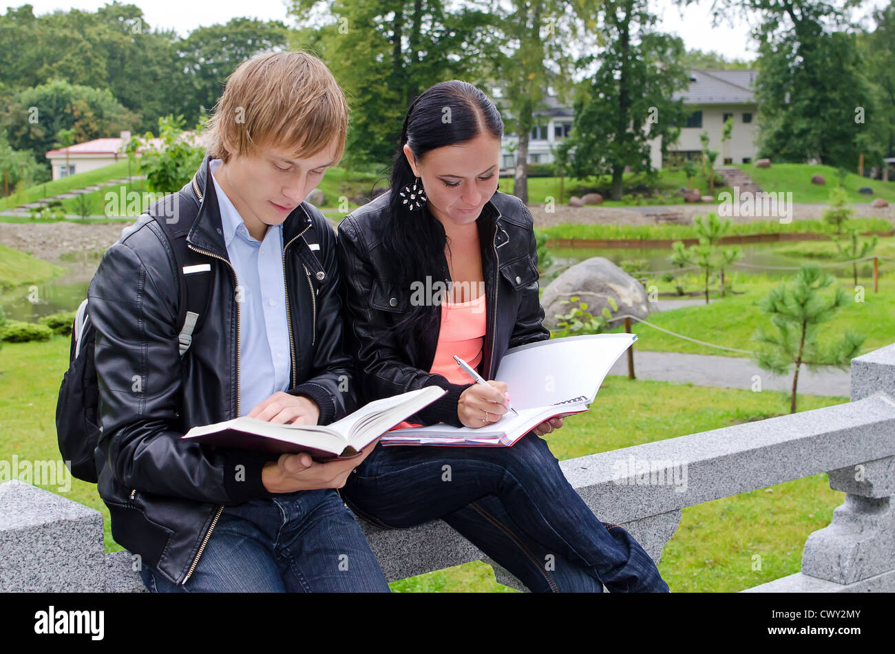 Two students studying outdoors Stock Photo - Alamy