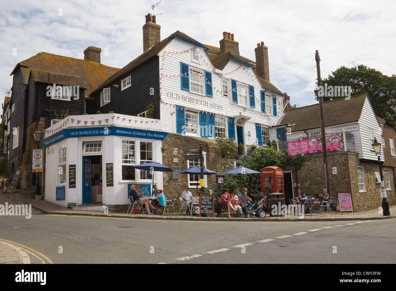 Rye East Sussex England Uk Visitors Sitting Outside Mermaid Corner Tea Rooms Part Of Old Borough