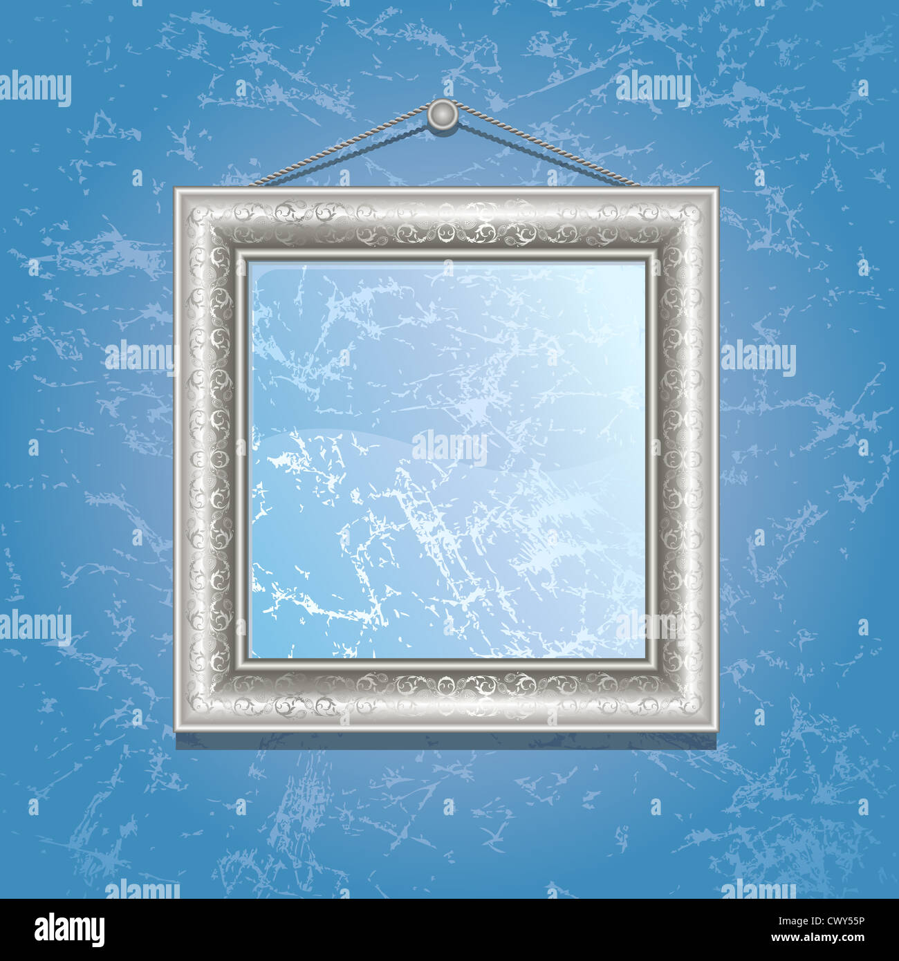 Silver frame on the wall with blue wallpaper Stock Photo - Alamy