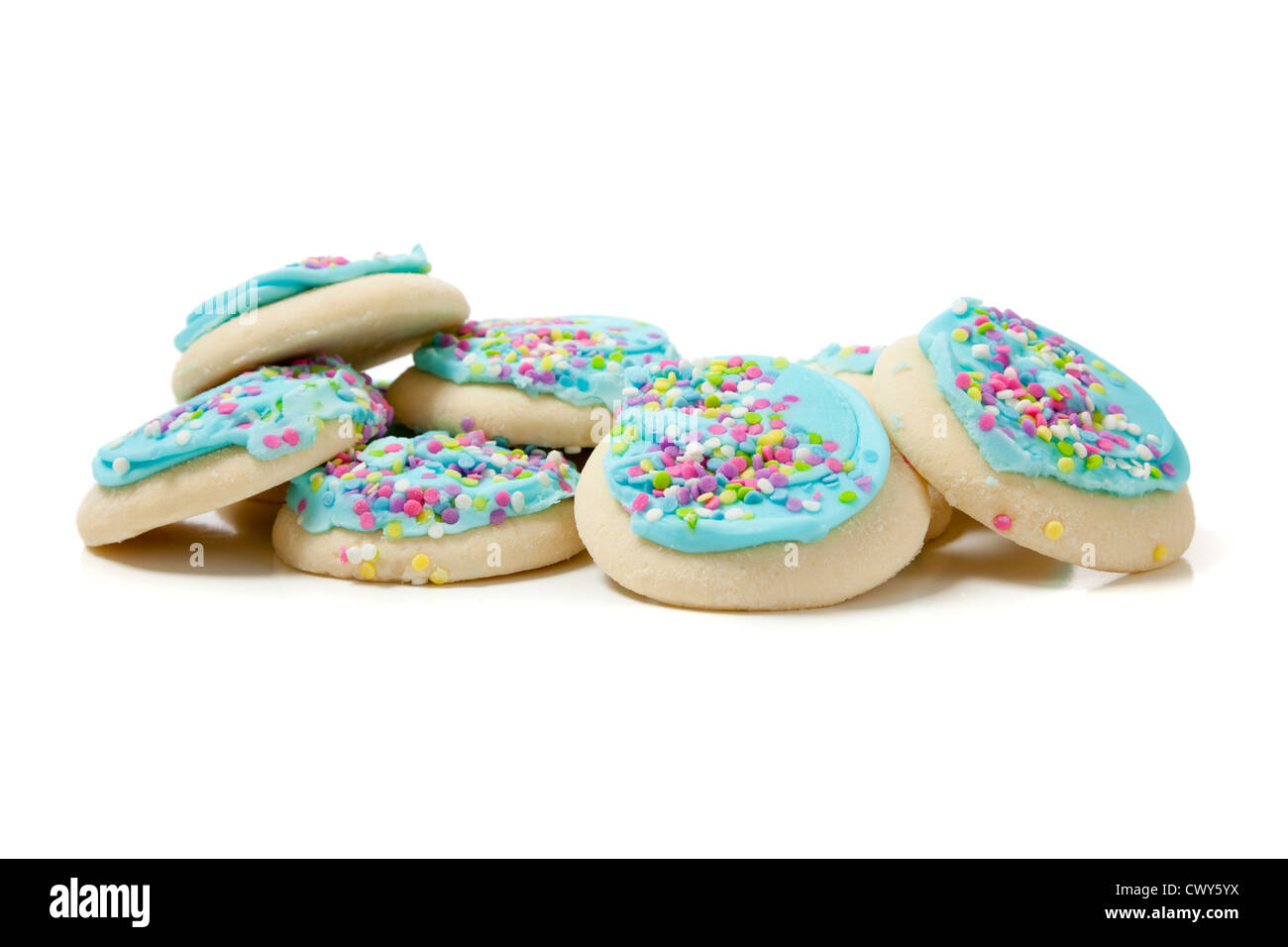 A group of blue iced cookies on a white background Stock Photo - Alamy