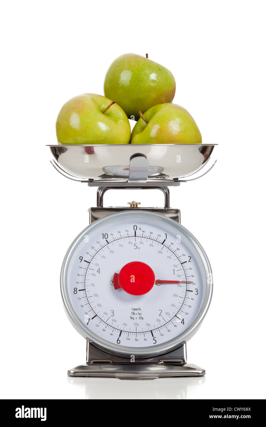 A silver food scale with green, Granny Smith apples on it Stock Photo ...