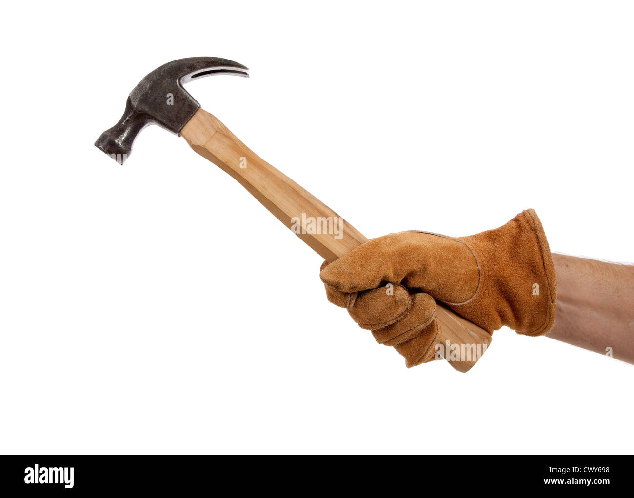 A leather work gloved hand holding a hammer on a white background Stock ...