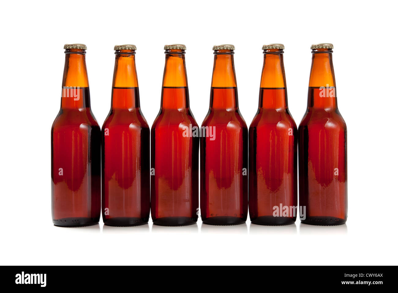 A row of brown beer bottles on a white background Stock Photo - Alamy