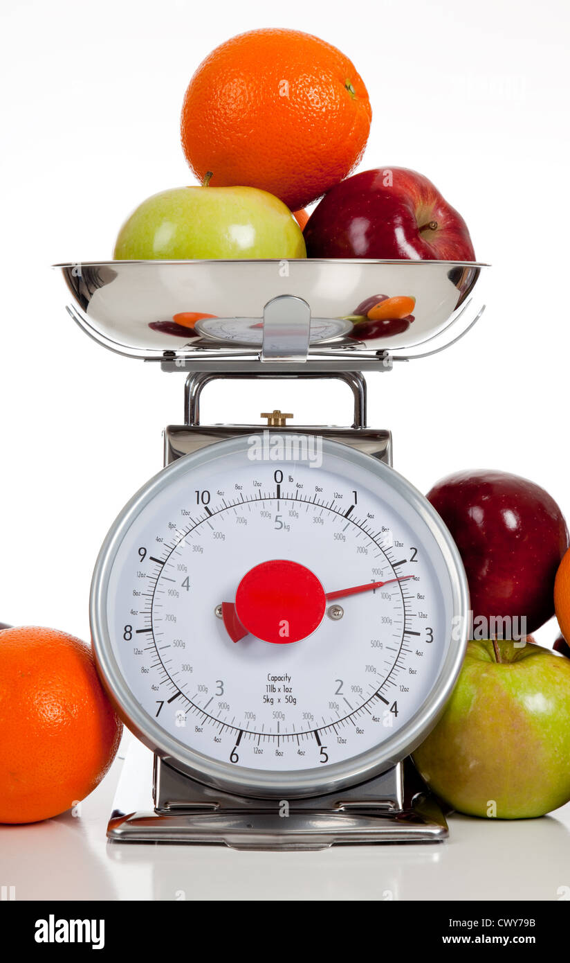 assorted fruits on a food scale with a white background Stock Photo - Alamy