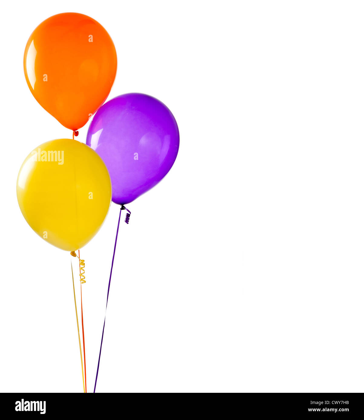 Orange, yellow and purple balloons on a white background with copy ...