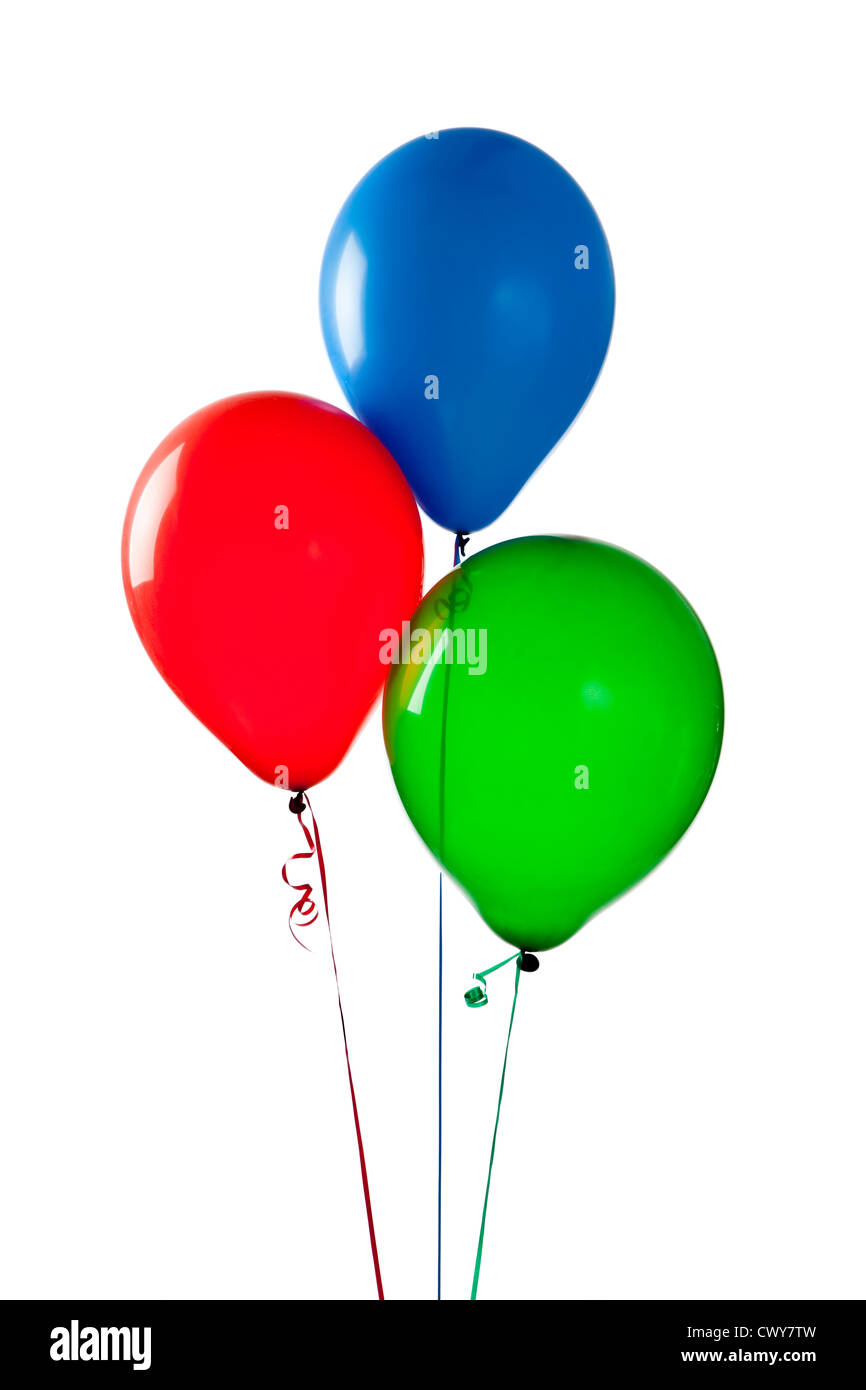 A red, blue and green balloons on a white background Stock Photo - Alamy