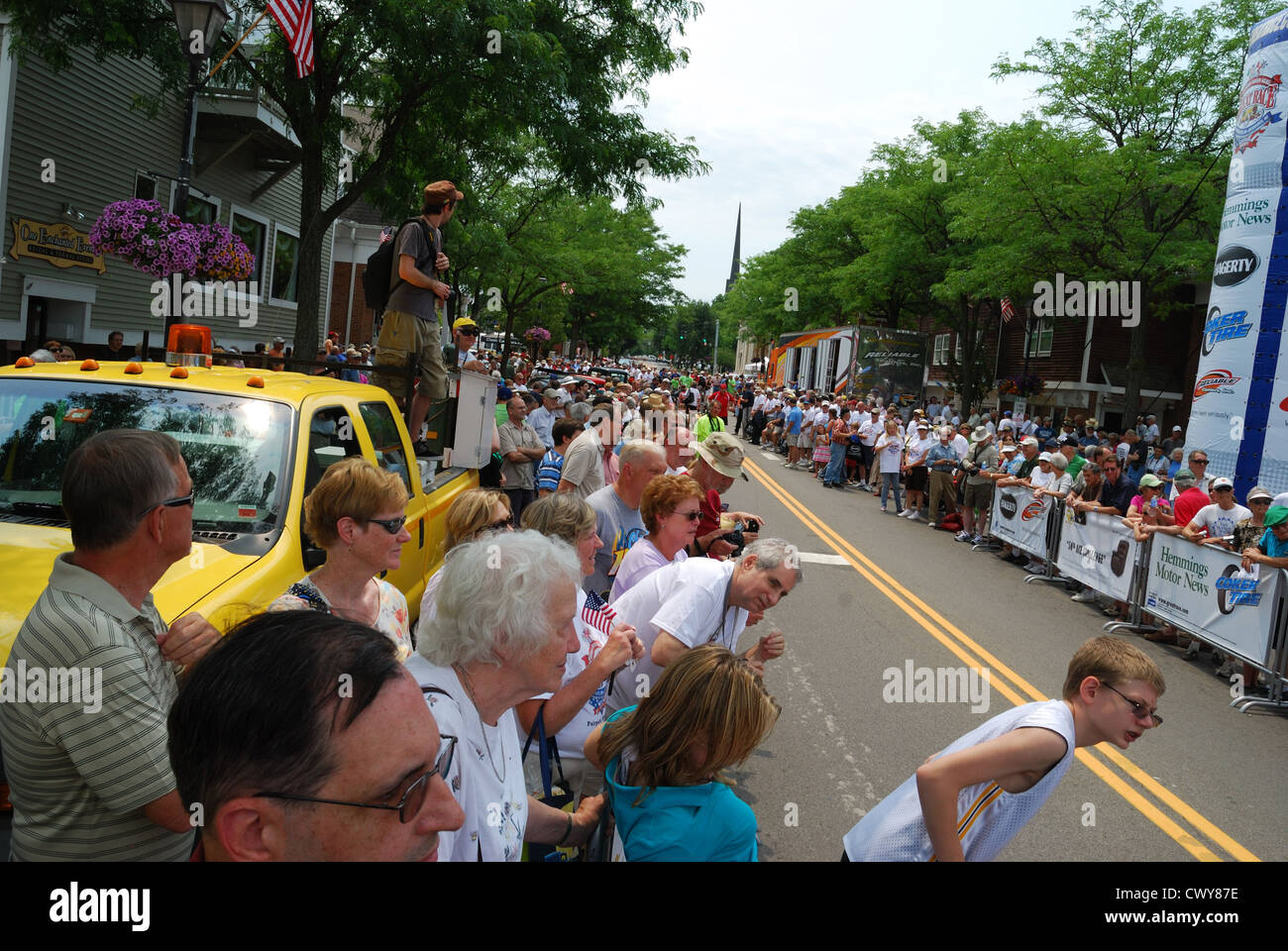 Vintage autos cross finish line in a leg of The Great Race Stock Photo ...