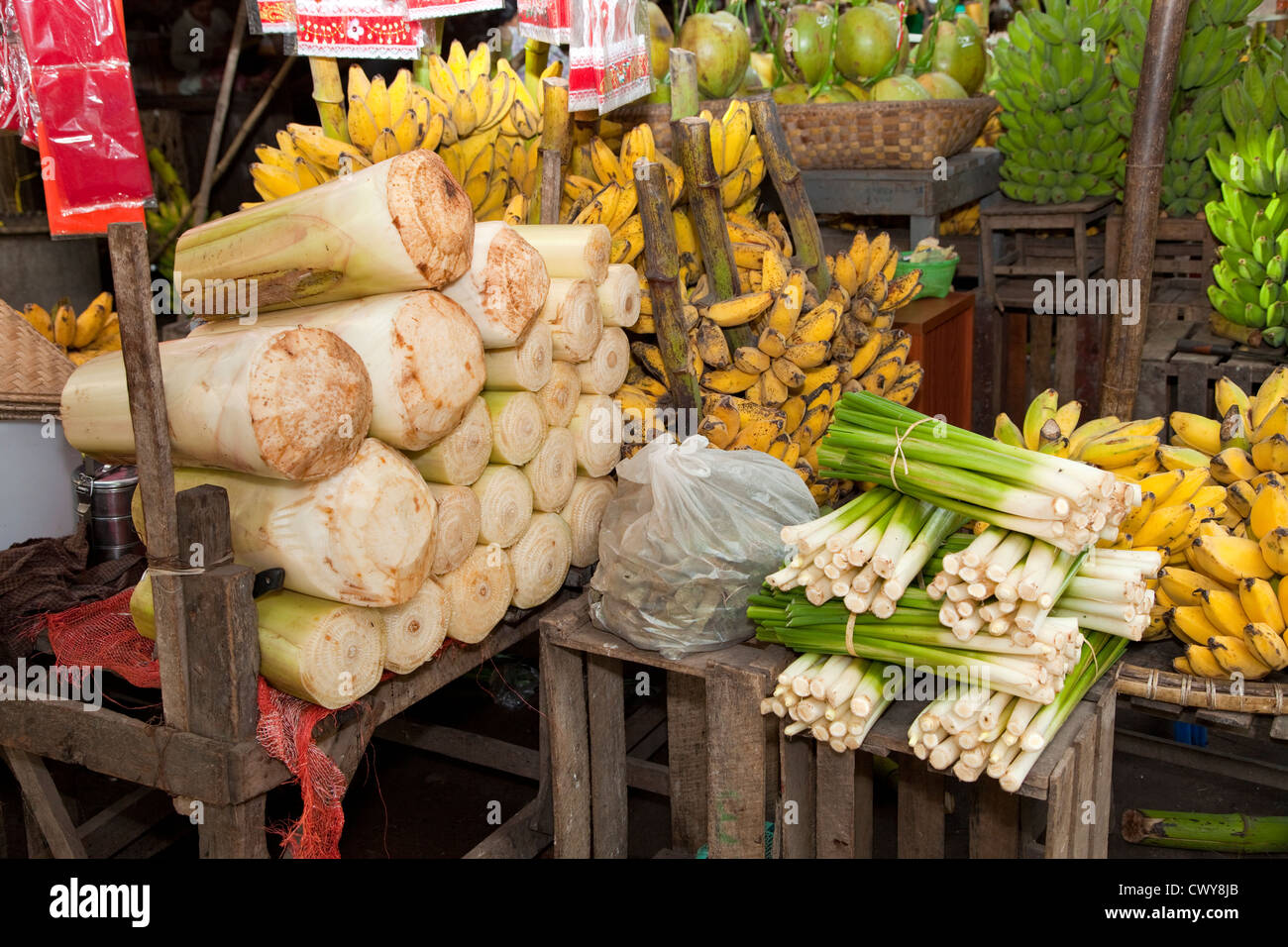 Myanmar, Burma. Mandalay Market. Bananas, Hearts of Palm, Leeks Stock ...