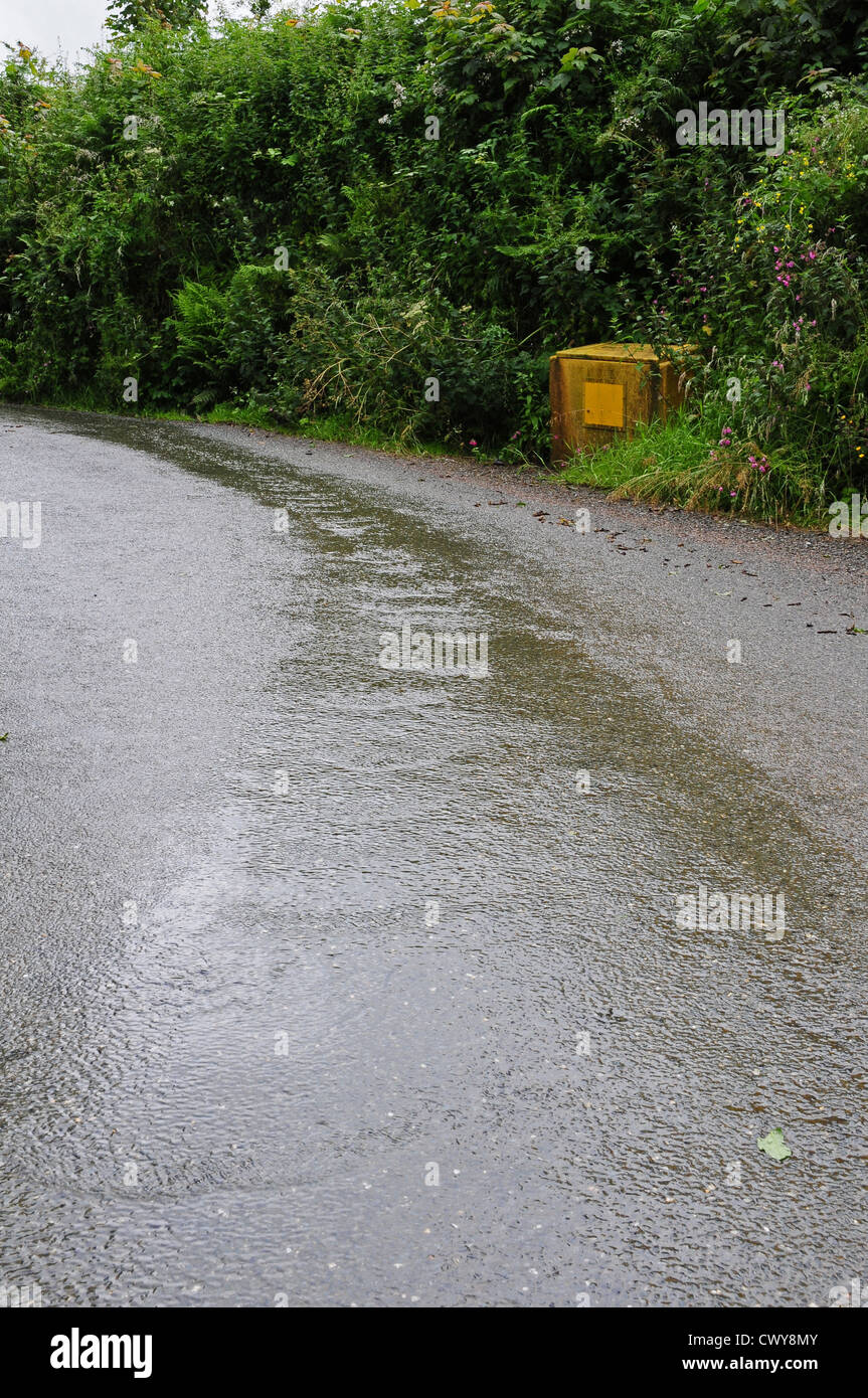 Rainwater running down Devon lane after prolonged rainfall. Grit box in ...