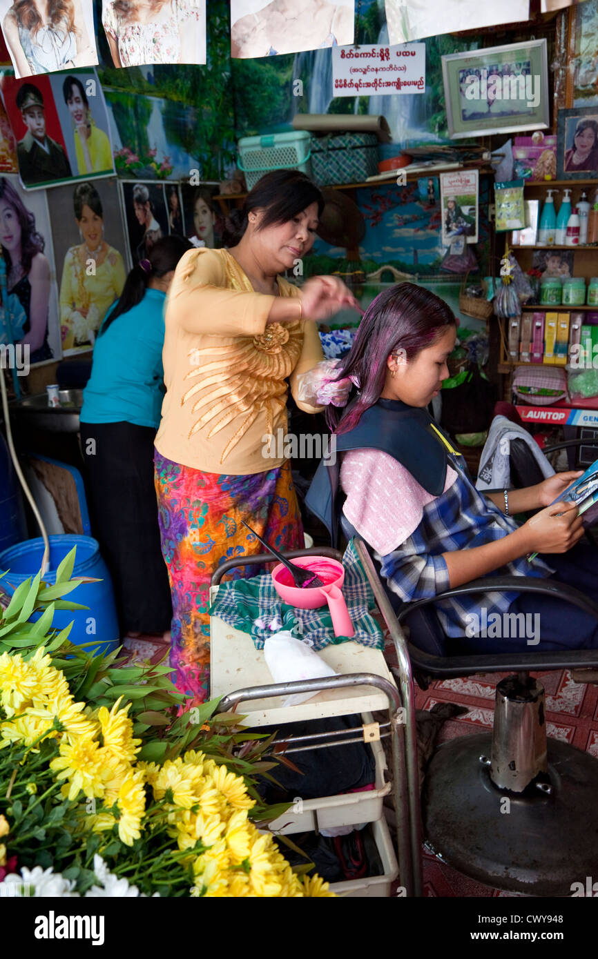 Myanmar, Burma. Mandalay. Hairdresser Dying Customer's Hair in Beauty ...