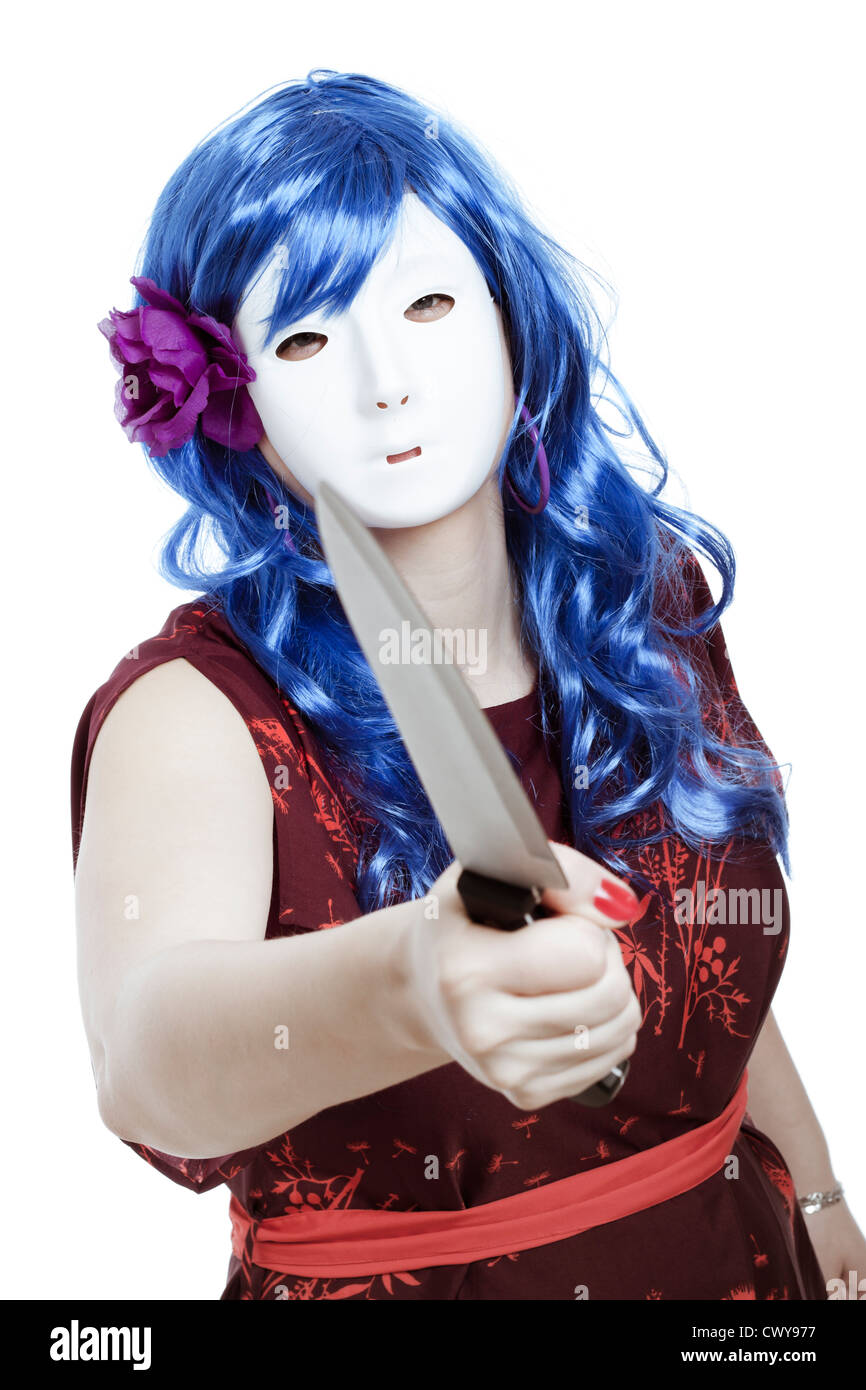 Scary horror masked woman assaulting with knife, isolated on white ...