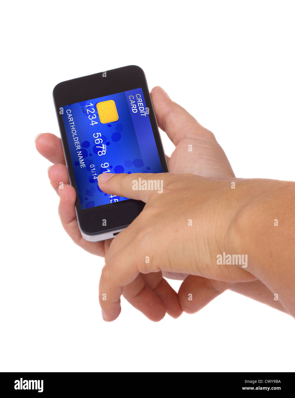 hands holding phone with credit card on display isolated on white ...