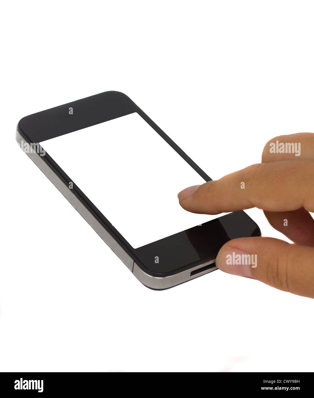 finger pointing at modern smartphone isolated on white background with ...