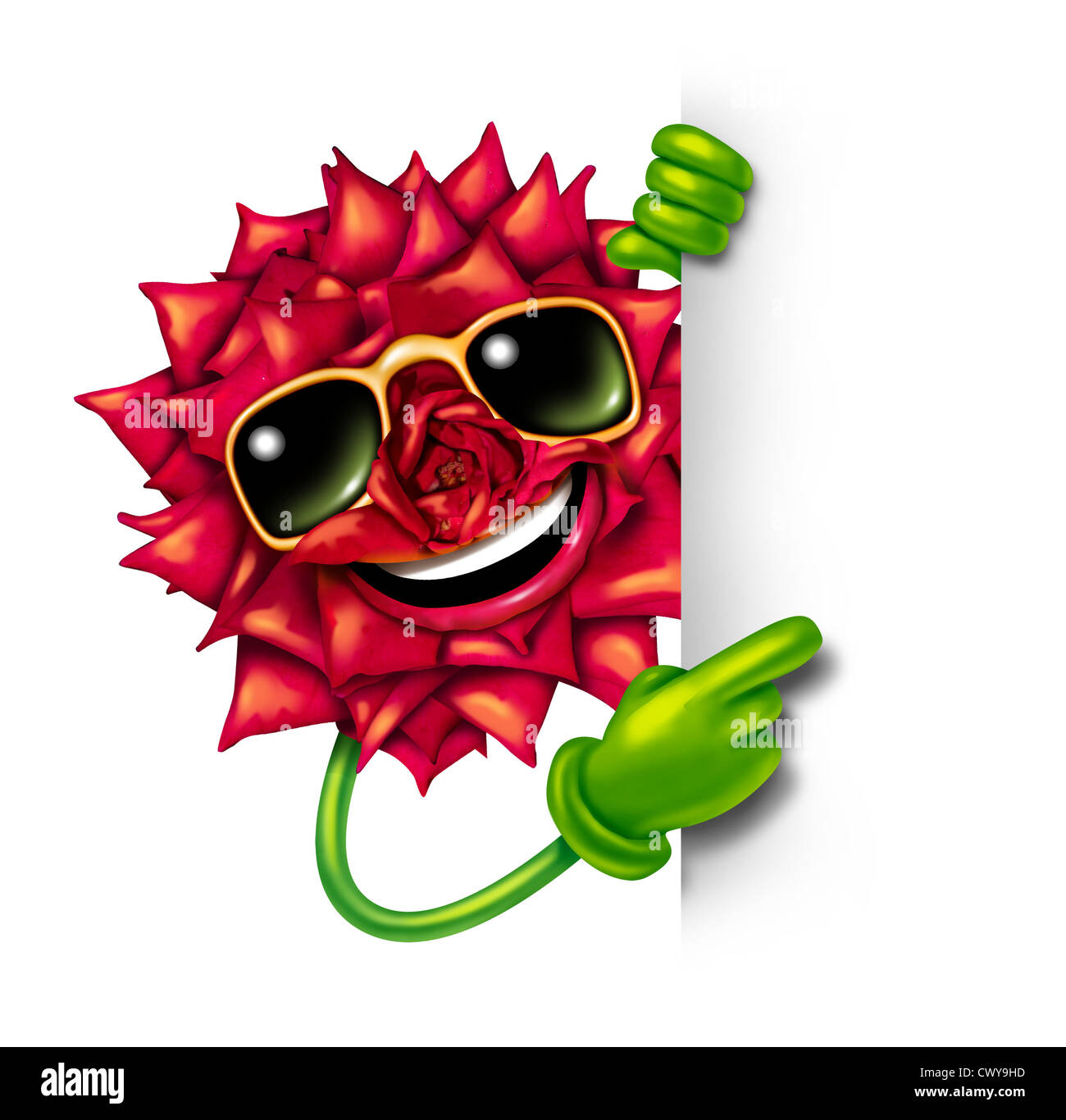 Florist flower sign with a fun smiling happy red rose character wearing ...