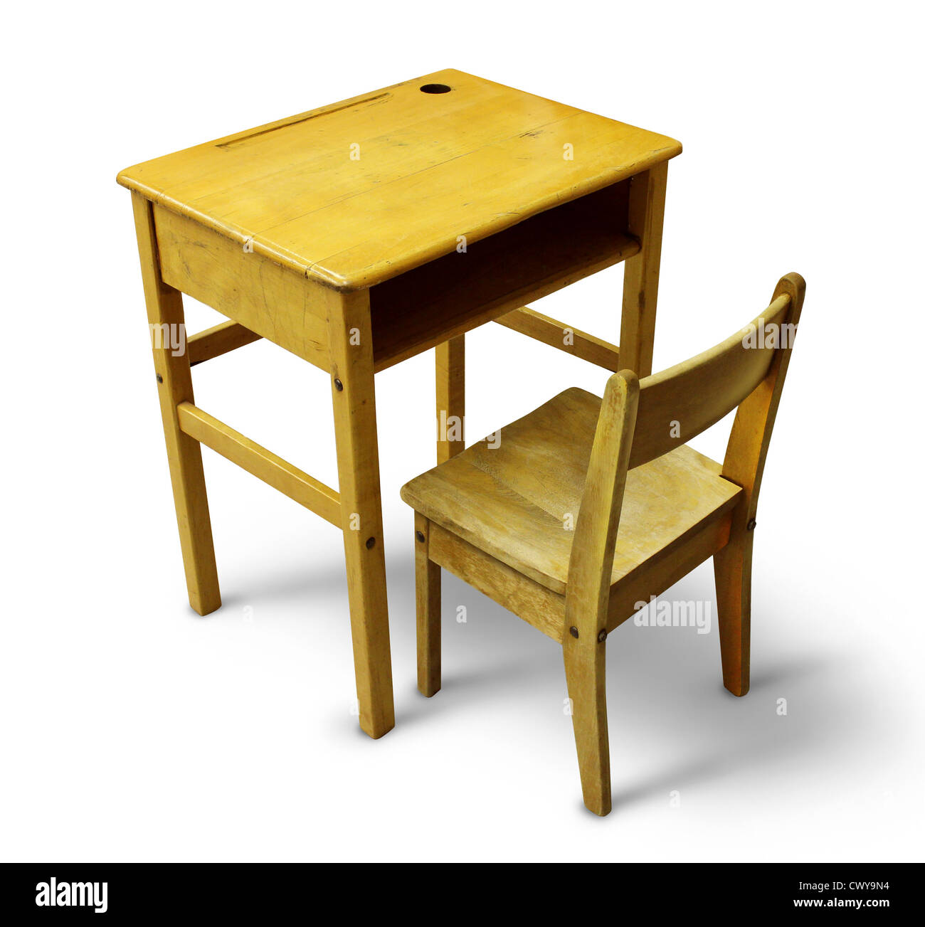 Back to school desk on a white background as a wooden vintage education ...
