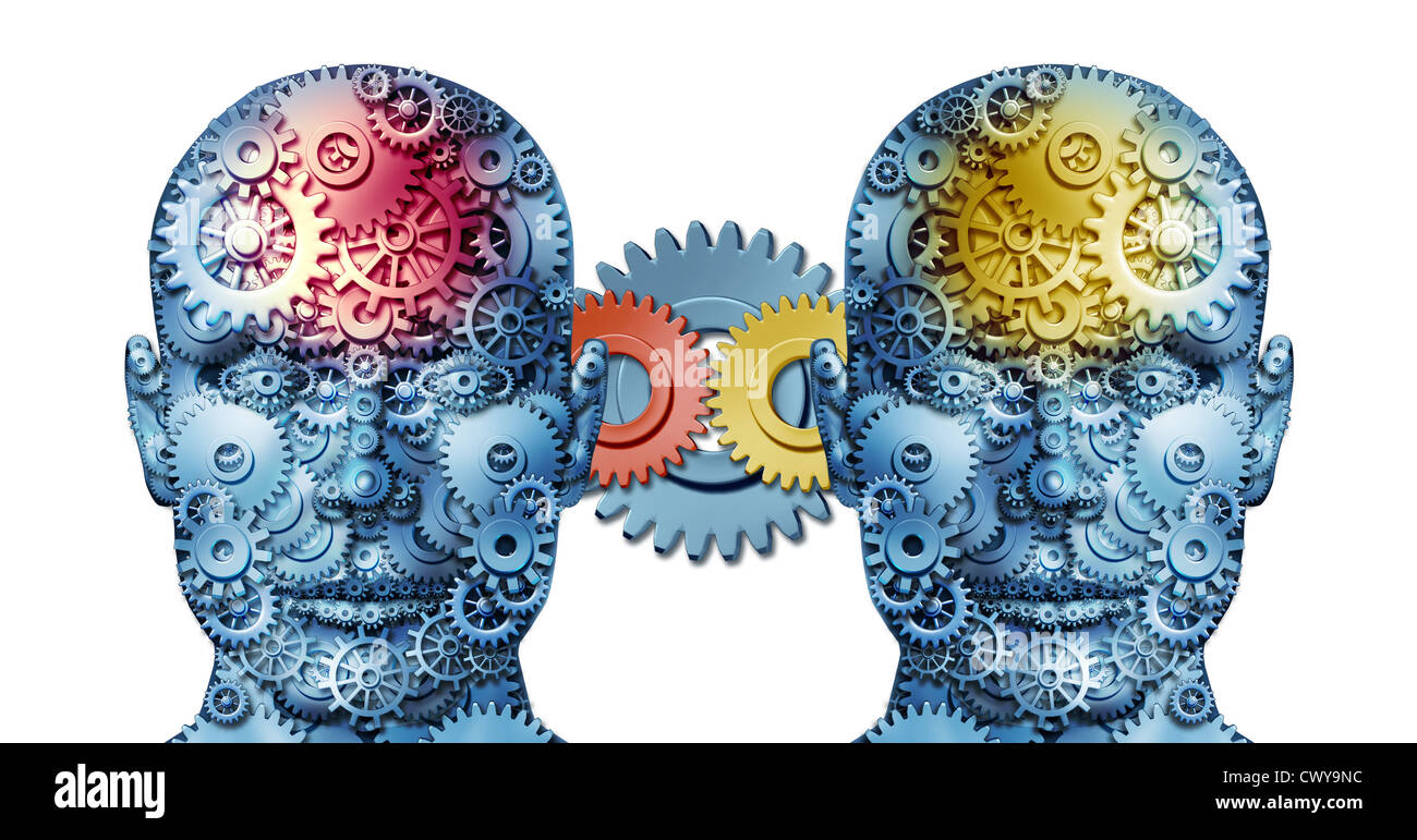Business working relationship with two human heads sharing creative ...