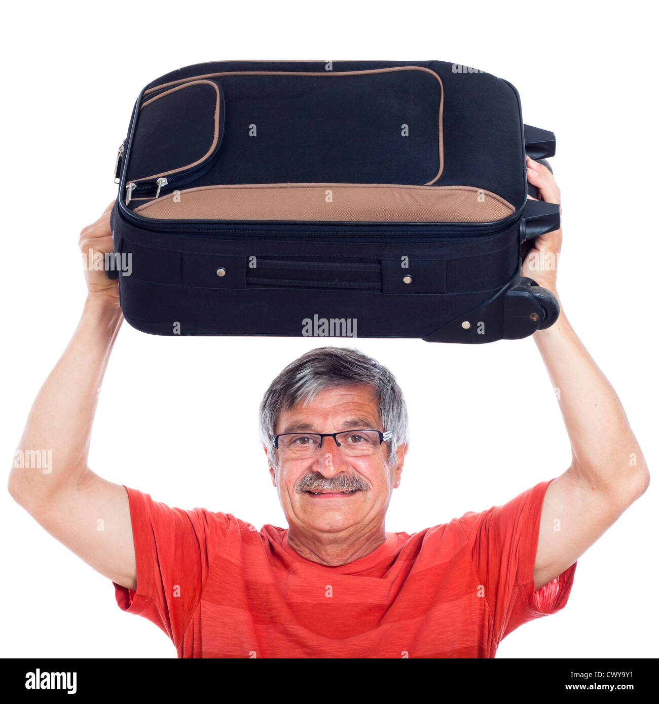 Senior man lifting luggage, isolated on white background Stock Photo ...