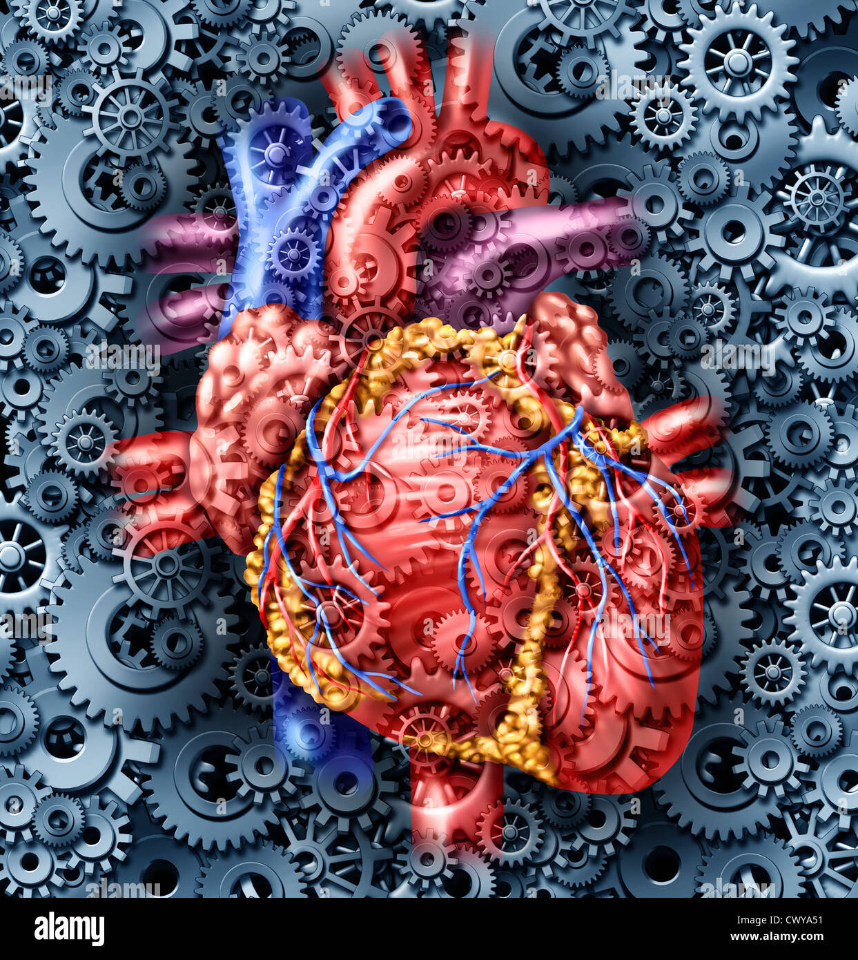 Human heart health medical care symbol with gears and cogs connected ...