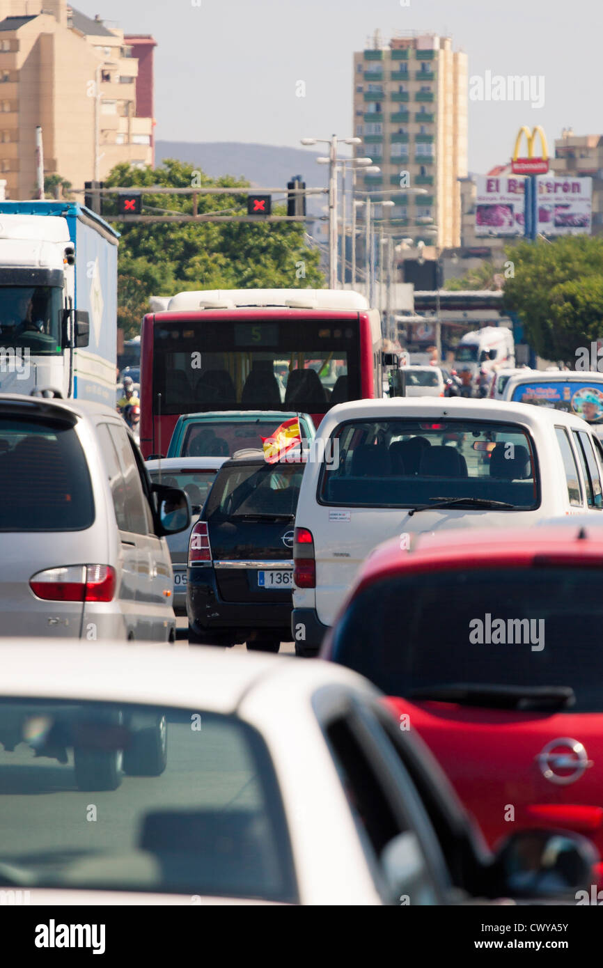 Busy traffic jammed cars crossing Gibraltar Airport runway, frontier ...