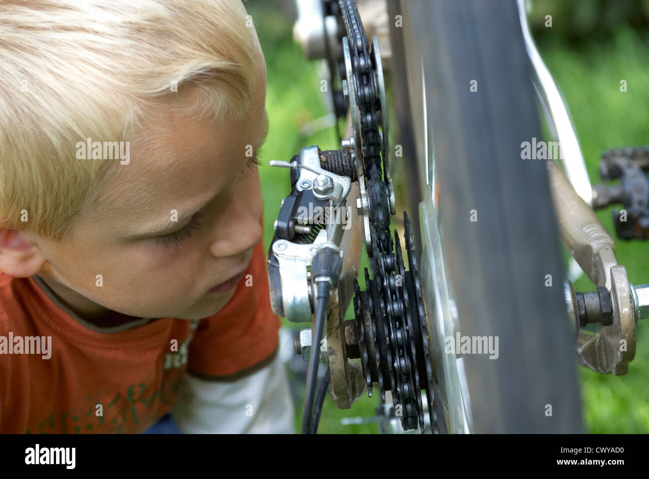 Child blond boy examining and fixing his bicycle outside summer Stock ...