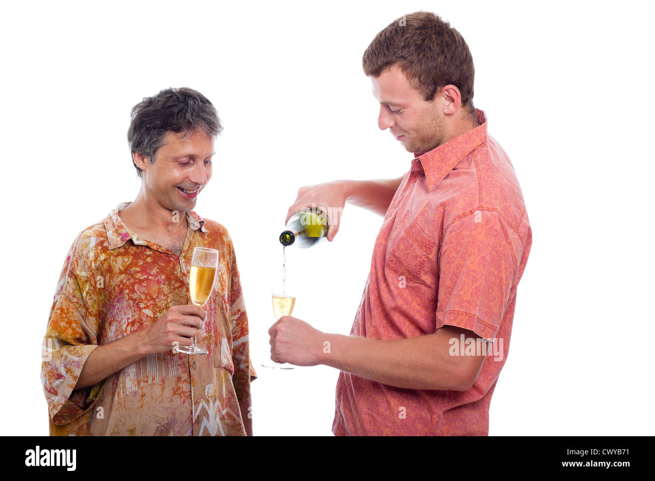 Two men celebrating with champagne, isolated on white background Stock ...