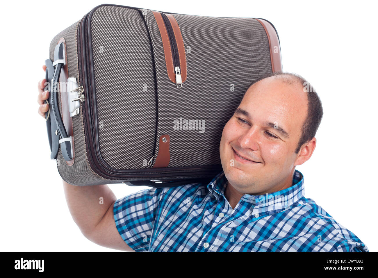 Happy passenger man carrying luggage, isolated on white background ...