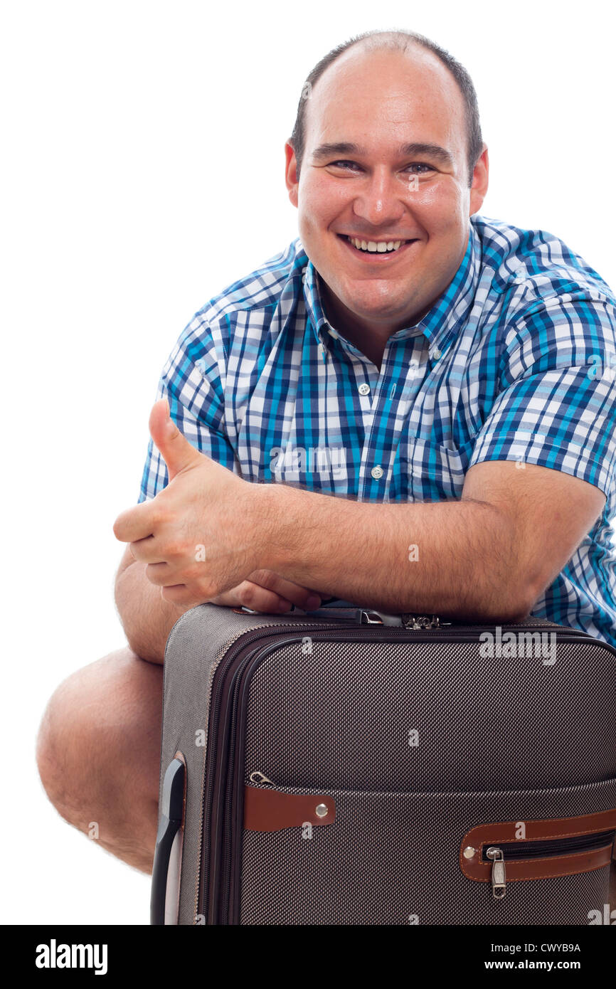 Happy smiling traveller tourist man with luggage, isolated on white ...