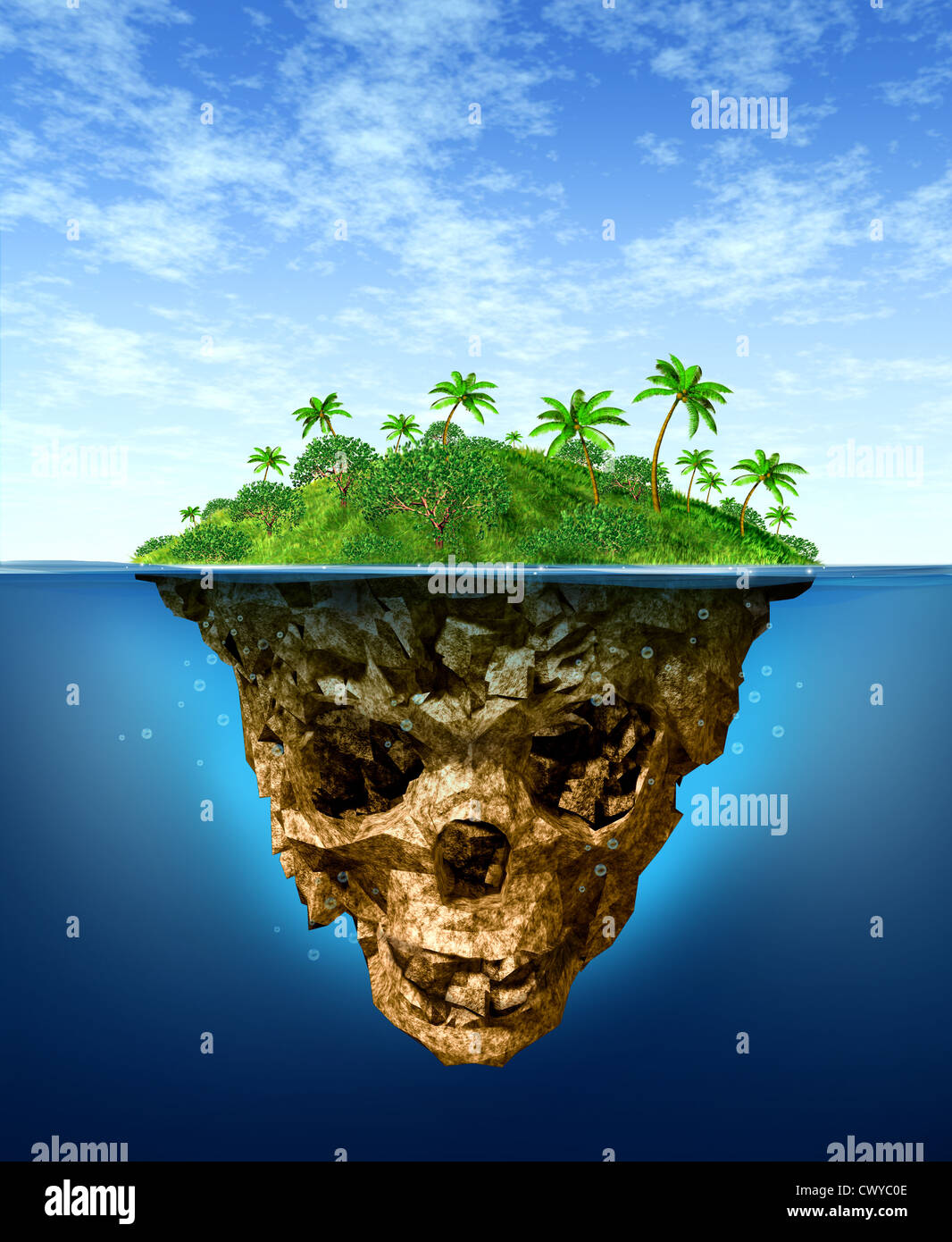 Hidden Risk and false advertising concept with a beautiful tropical ...