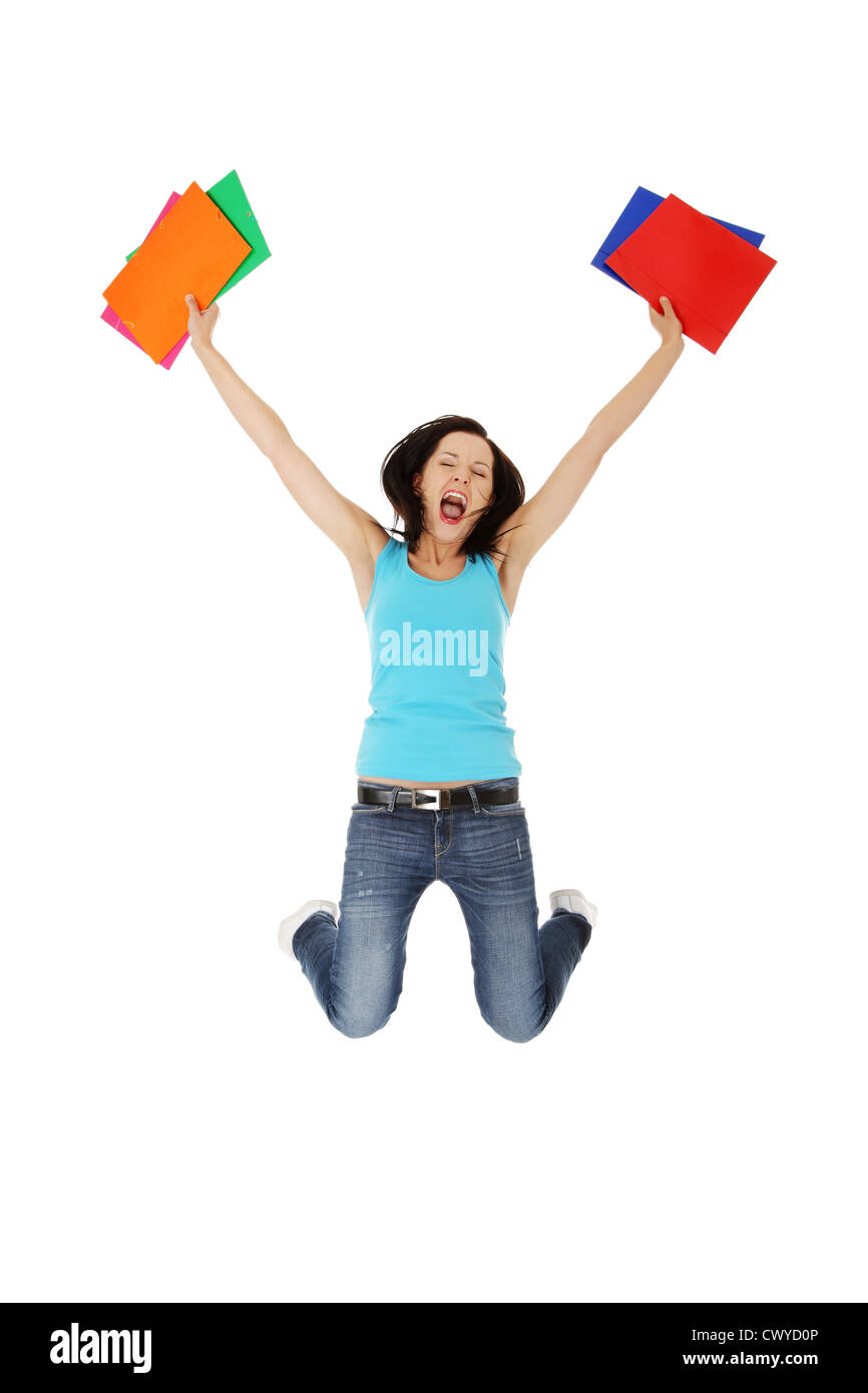 Jumping student girl, isolated on white background Stock Photo - Alamy