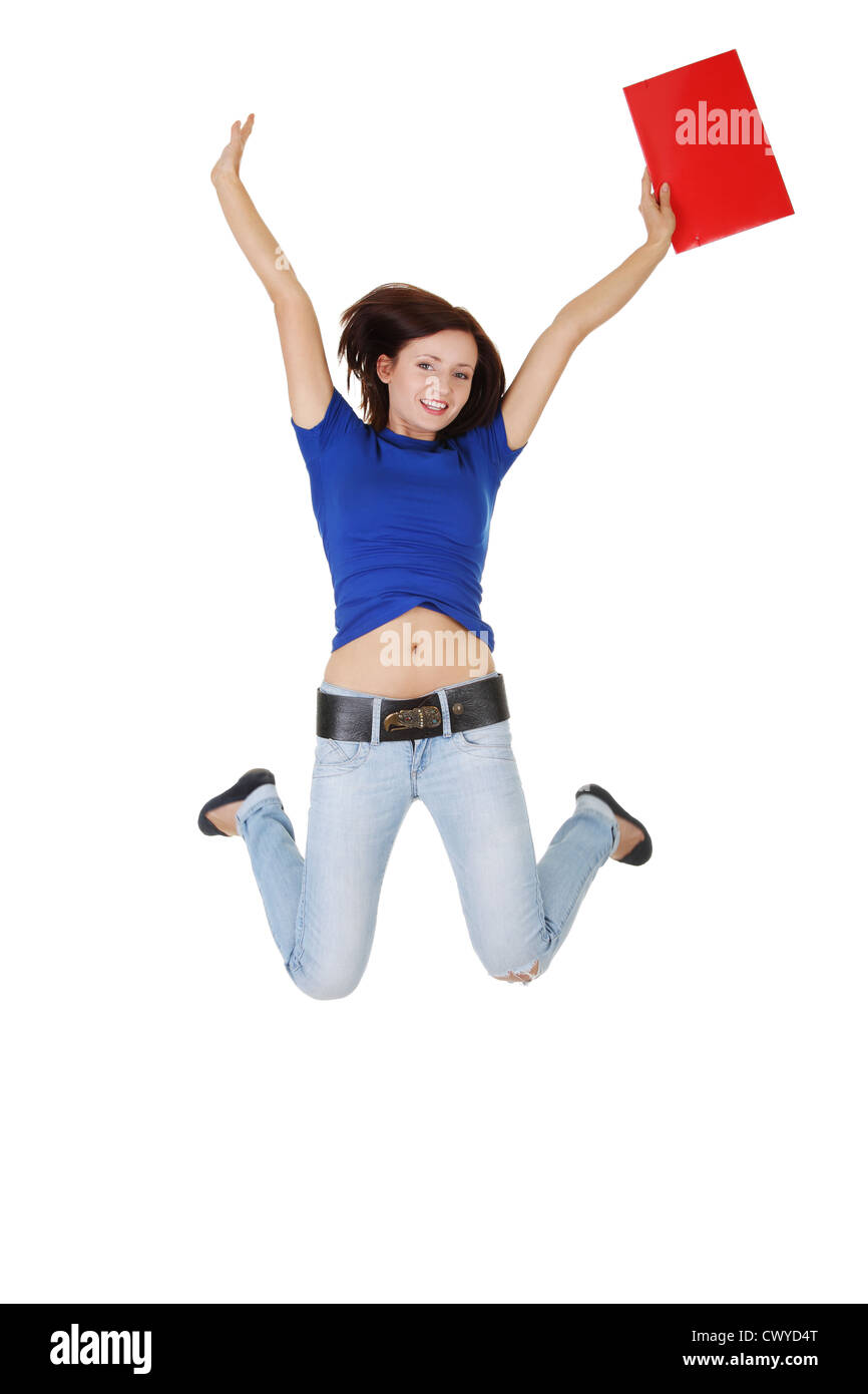 Jumping student girl, isolated on white background Stock Photo - Alamy