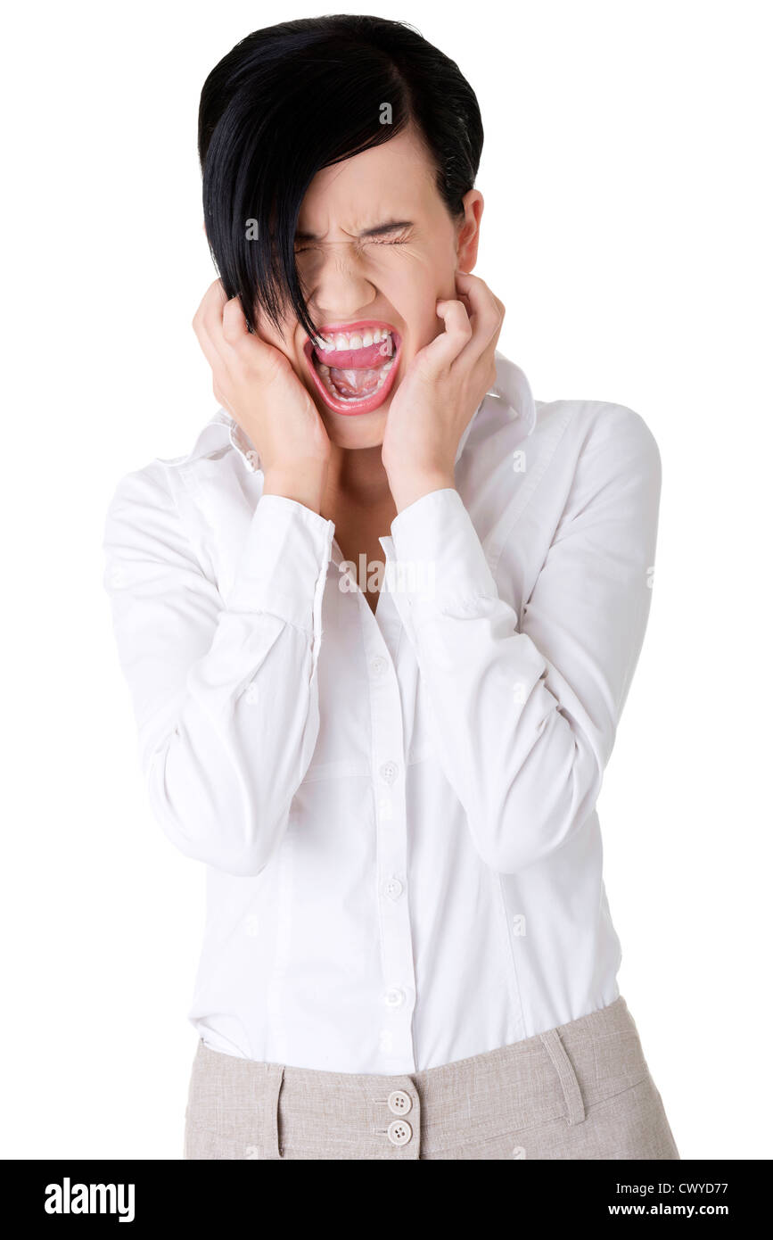 Stressed or angry businesswoman screaming loud Stock Photo - Alamy
