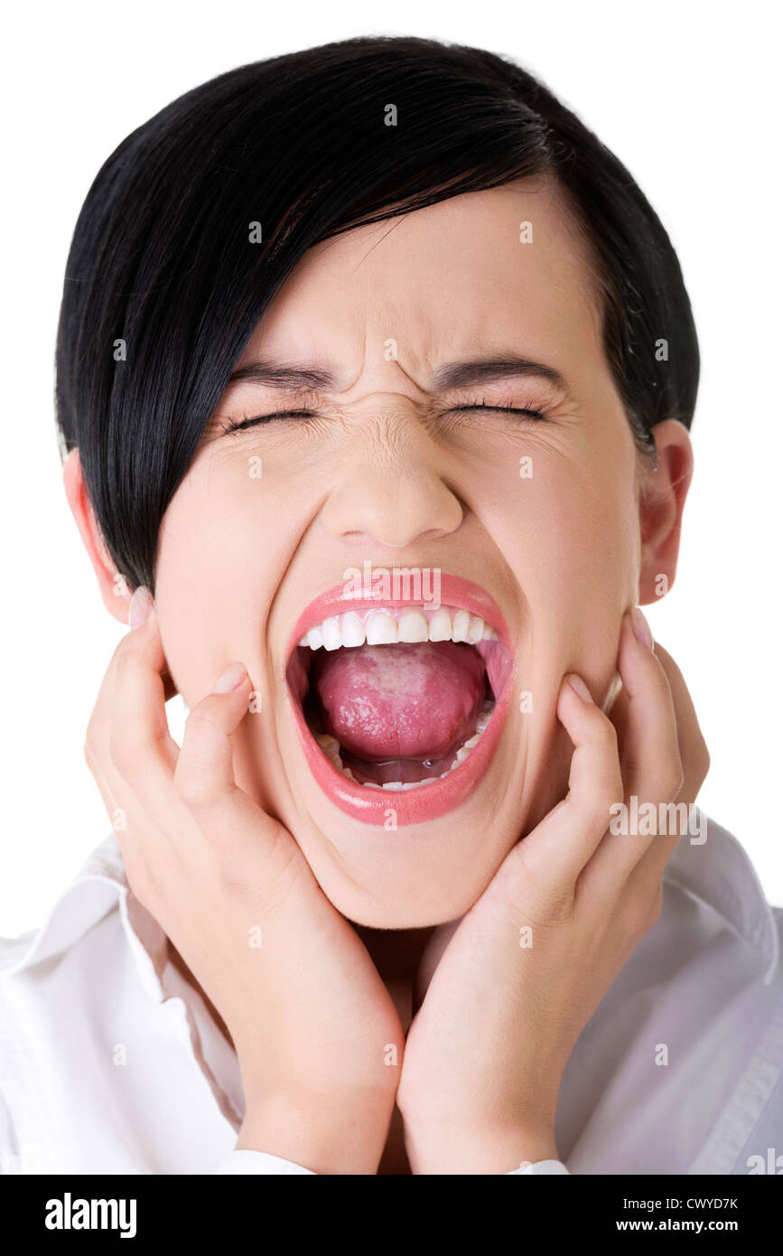 Stressed or angry businesswoman screaming loud Stock Photo - Alamy