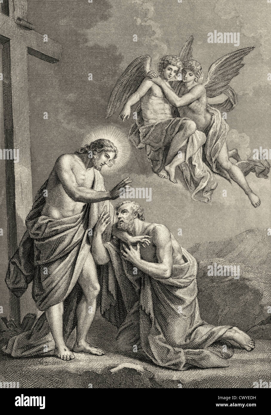 Historic steel engraving, religious scene from The Messiah, a poem in ...